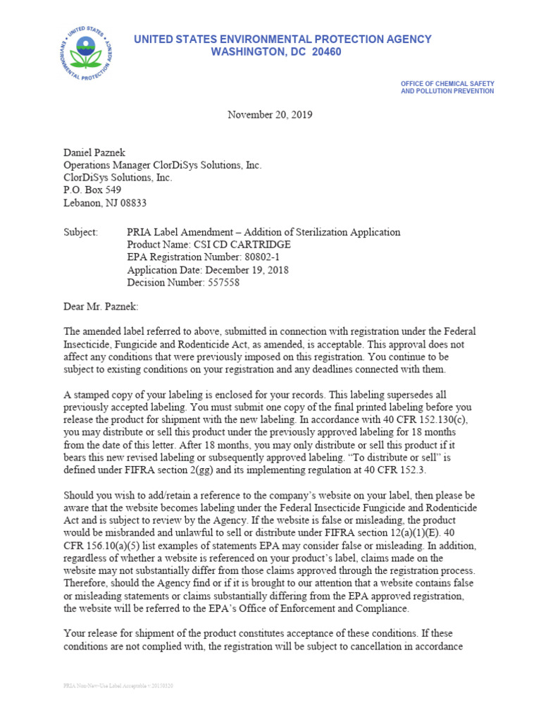 EPA Labeling Chlordisys 2019 | PDF