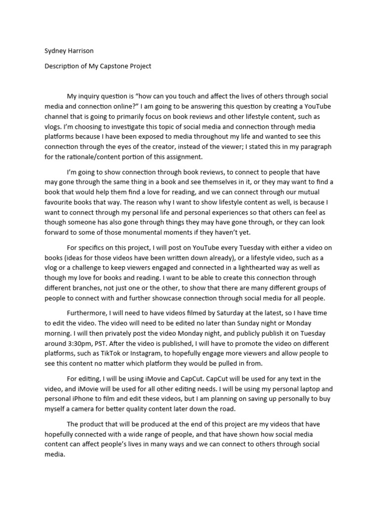 Description of Capstone Project | PDF | You Tube | Social Media