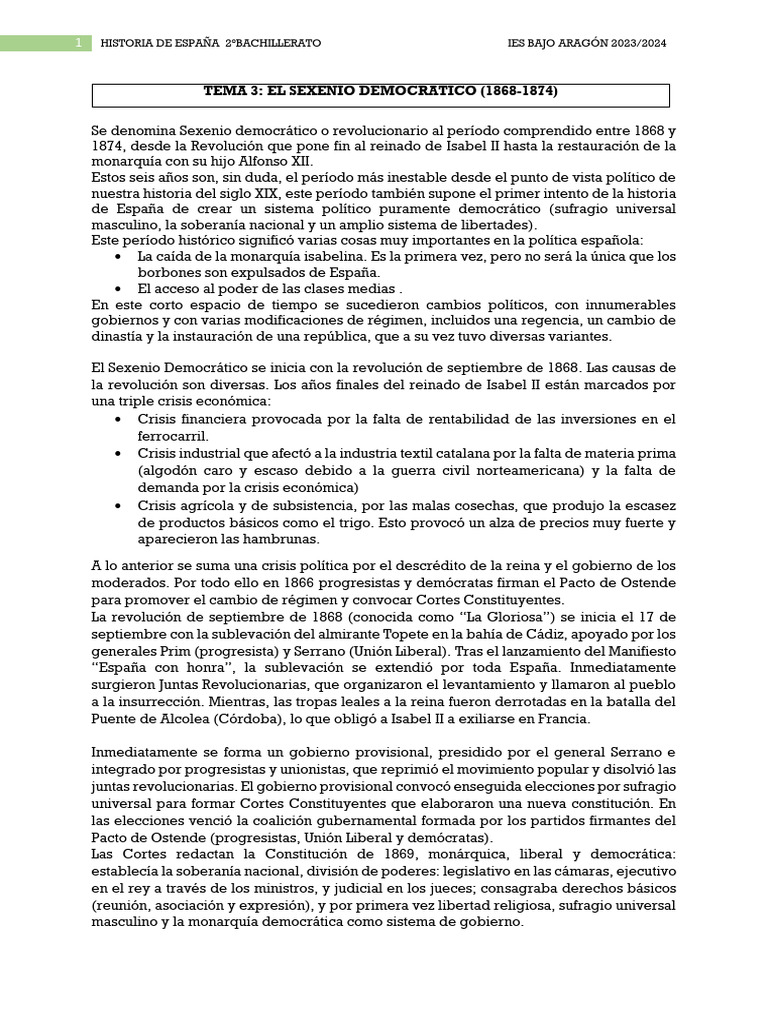 Tema 3. Sexenio Democrático - Resumen | PDF | Política de españa | España