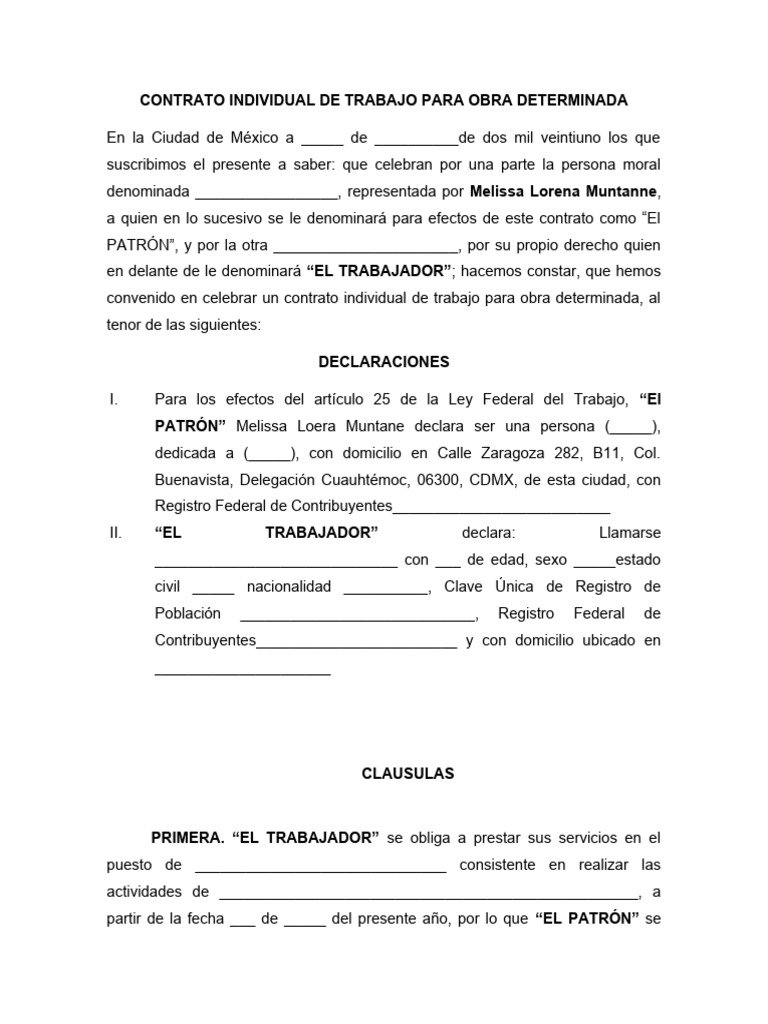 Contrato Individual de Trabajo para Obra Determinada | PDF | Salario