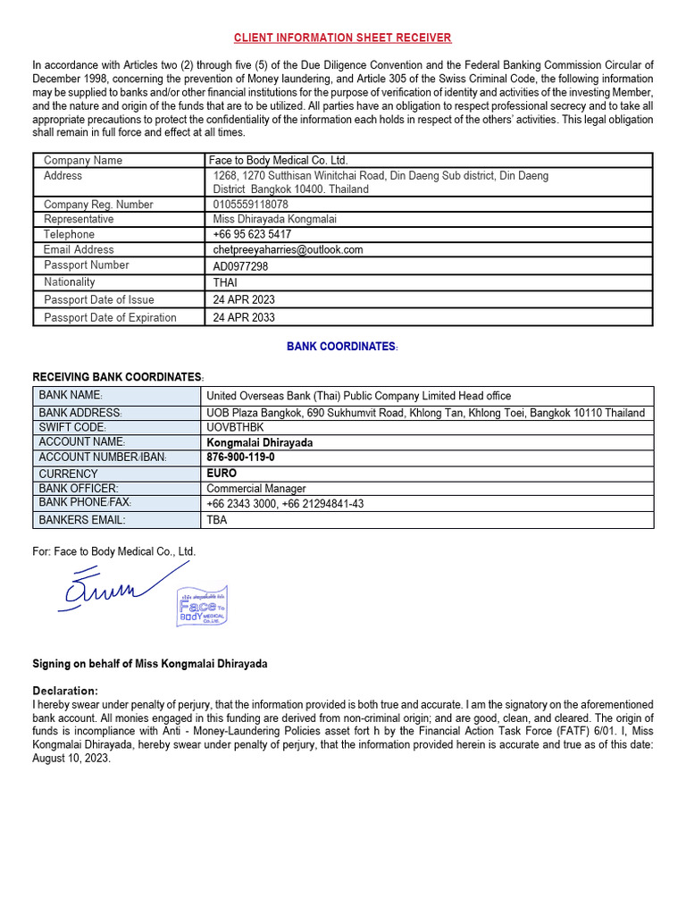 Face To Body Medical Client Information Sheet Receiver Copyvv | PDF ...