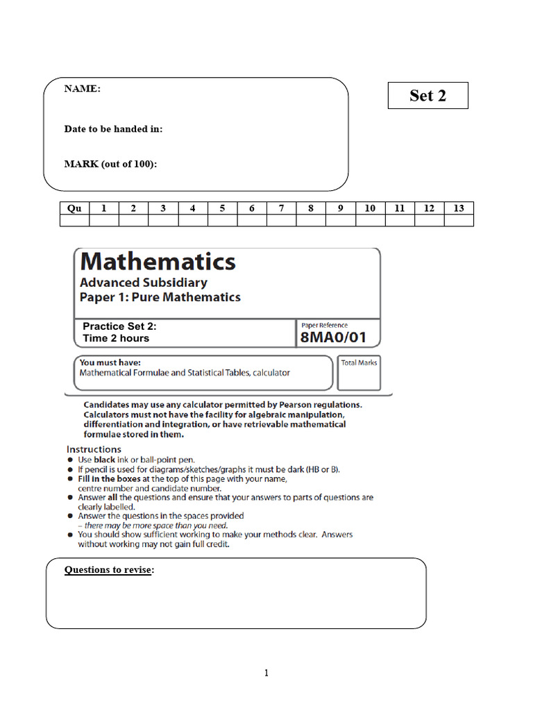 02 8MA0 01 AS Pure Mathematics Practice Set 2 - Merged | PDF | Equations | Circle