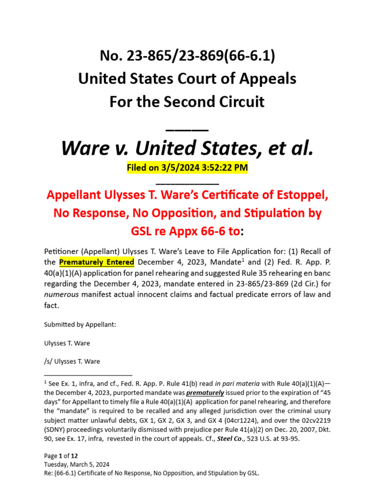 Appx 66-6.1 03.05.24 Re Certificate of GSL's Estoppel - No Response - No Opposition - and ...