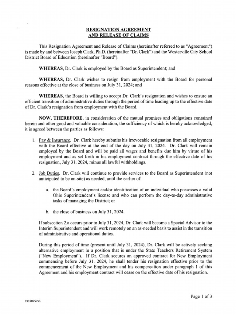 Joseph Clark Resignation Agreement | PDF