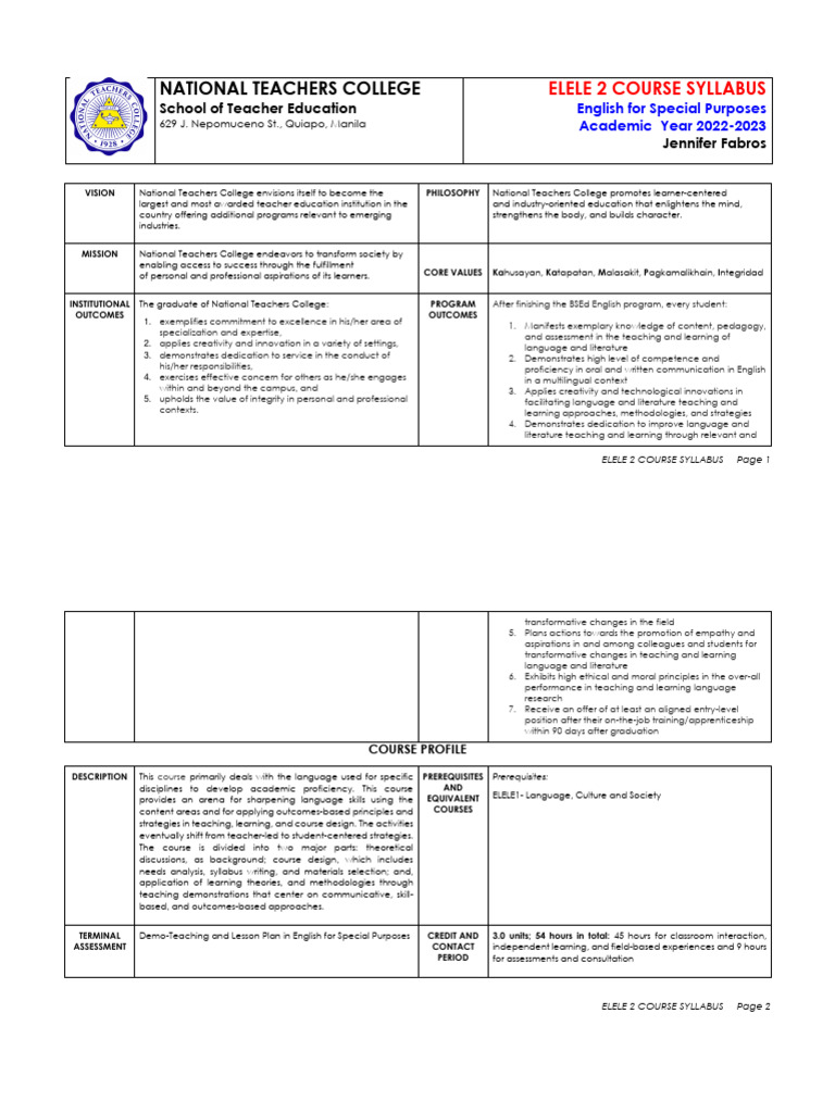 English for Special Purposes Syllabus | PDF