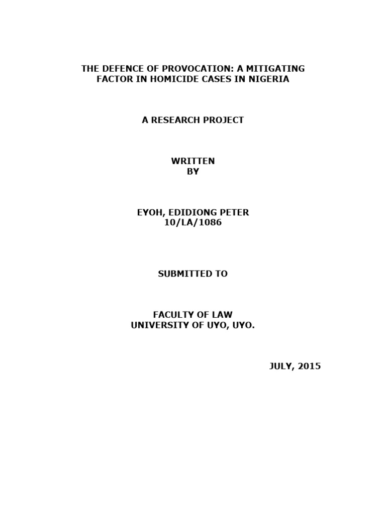 The Defence of Provocation A Mitigating 2 | PDF | Manslaughter | Murder