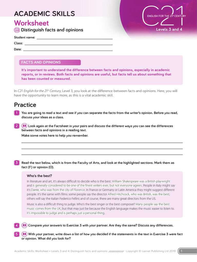 C21 L3+4 Academic Skills Worksheet Distinguish Facts and Opinions | PDF