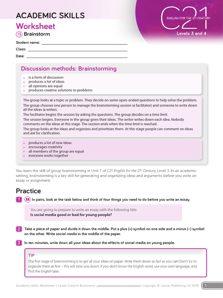 C21 L3+4 Academic Skills Worksheet Brainstorm | PDF | Brainstorming ...