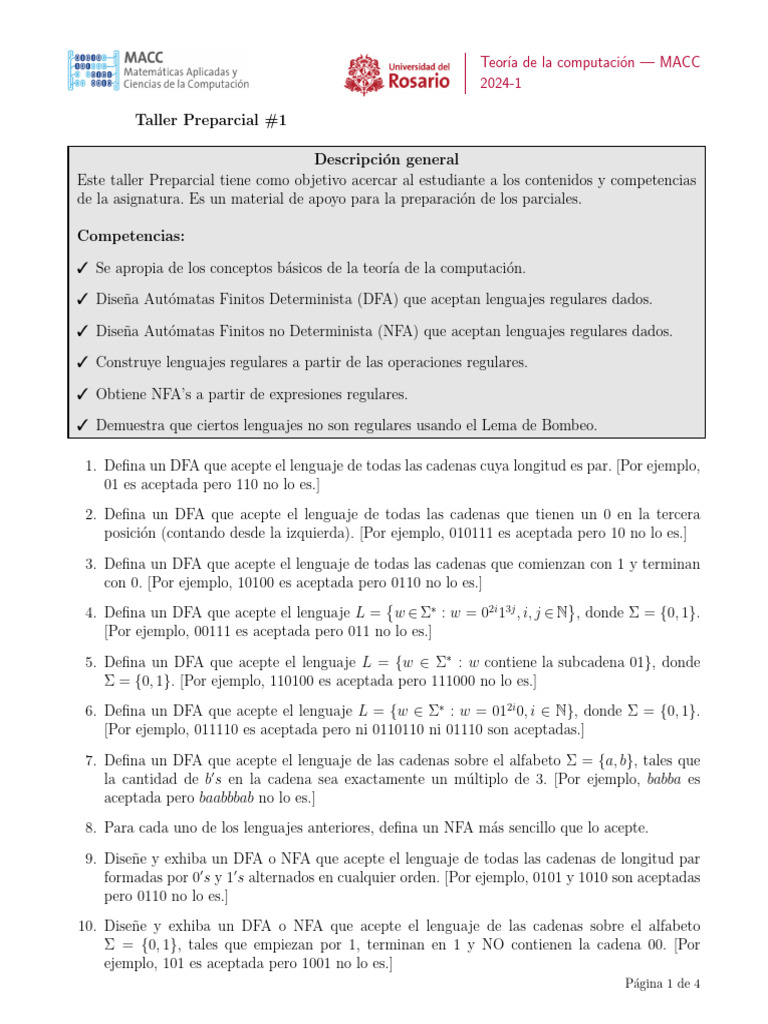Taller 1 Preparcial Teoria de La Computación | PDF