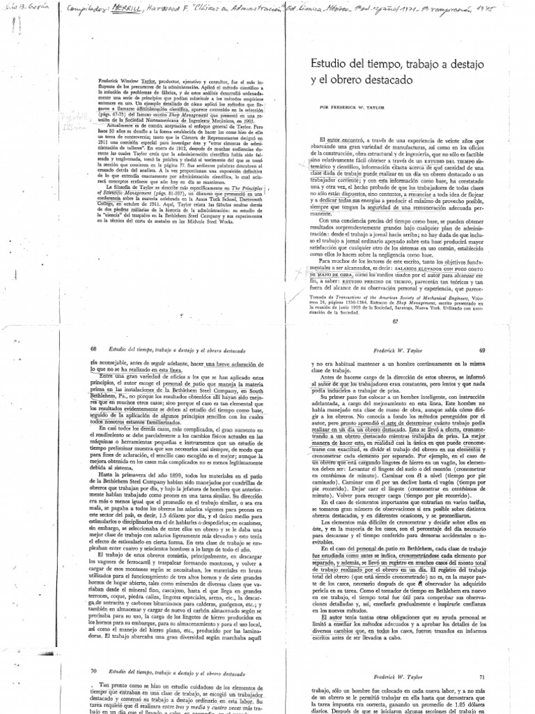 TAYLOR Estudio Del Tiempo, Trabajo A Destajo y El Obrero Destacado | PDF