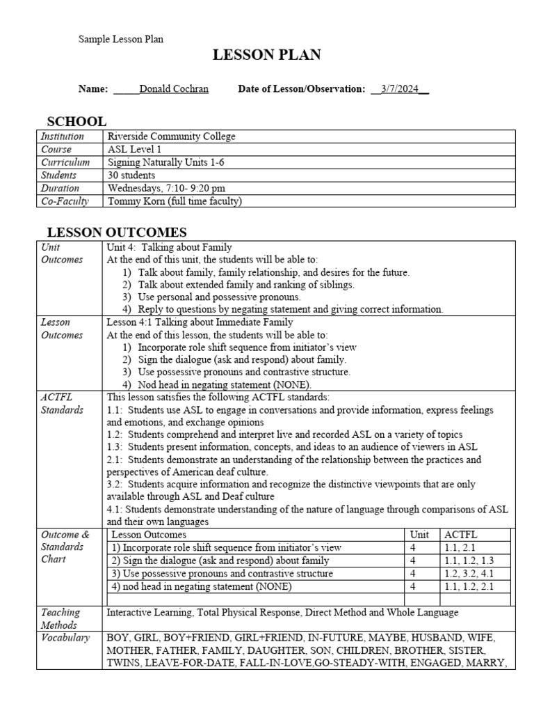 ASL Level 1 Lesson Plan: Family Topics | PDF