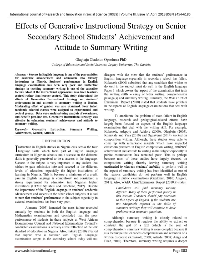 Effects of Generative Instructional Strategy On Senior Secondary School ...