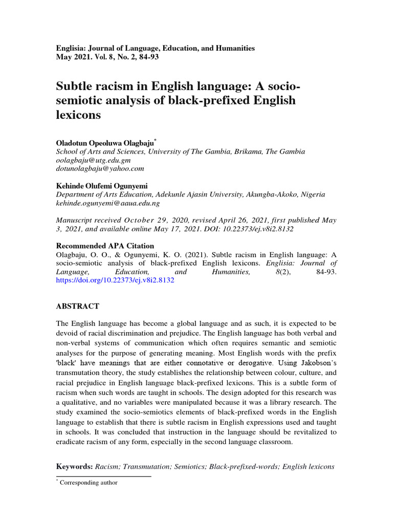 Subtle Racism in English Language: A Socio-Semiotic Analysis of Black ...