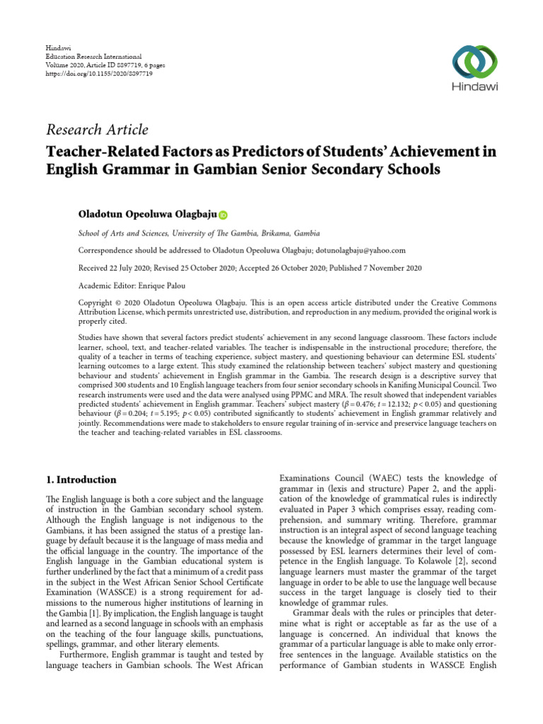 Teacher-Related Factors As Predictors of Students' Achievement in English Grammar in Gambian ...