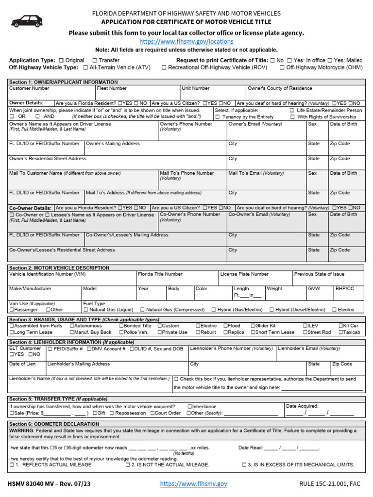 Florida Vehicle Title Application | PDF | Lien | Vehicle Registration Plate