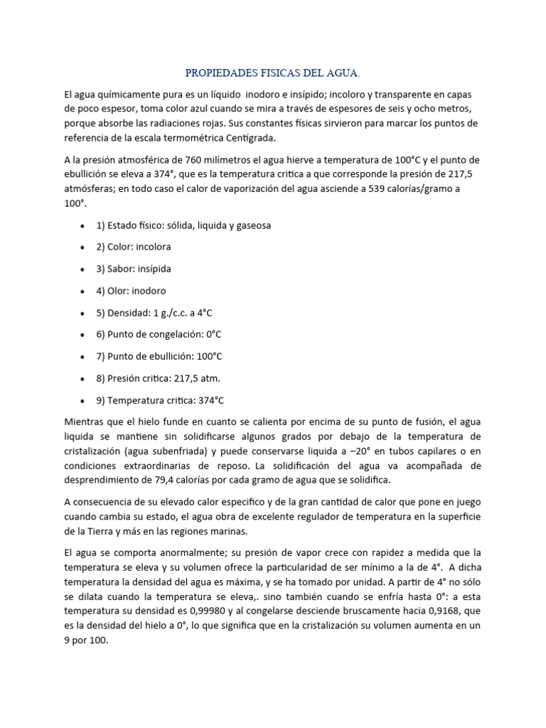 Propiedades Fisicas Del Agua | Descargar gratis PDF | Propiedades del agua | Agua