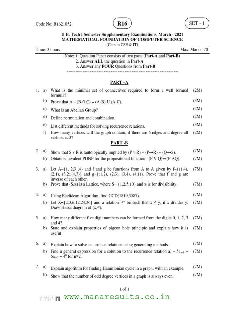 Mathematical Foundations of Computer Science Question Paper | PDF ...