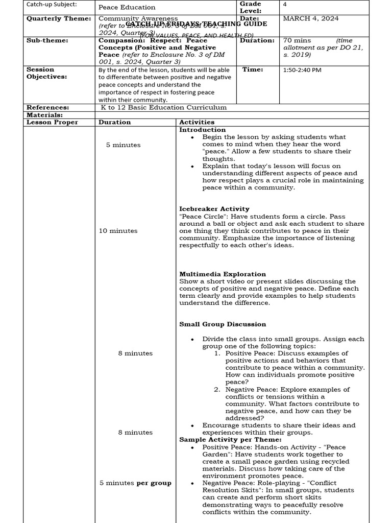 GRADE 4 Peace and Val Ed Catch Up Plan | PDF