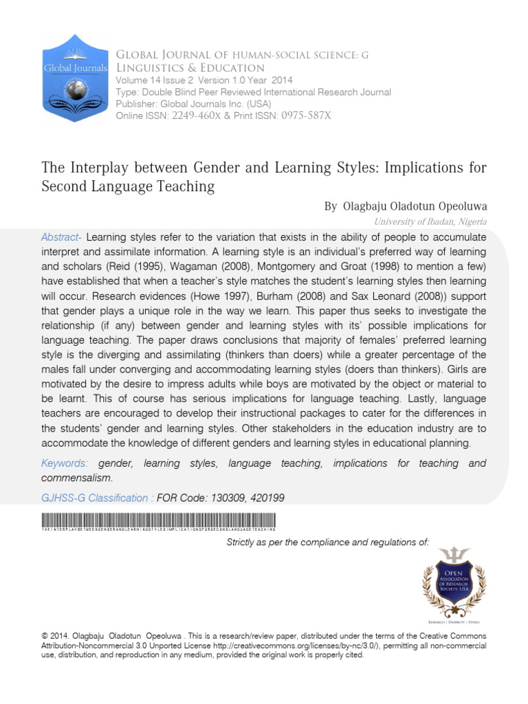 The Interplay Between Gender and Learning Styles: Implications For Second Language Teaching ...