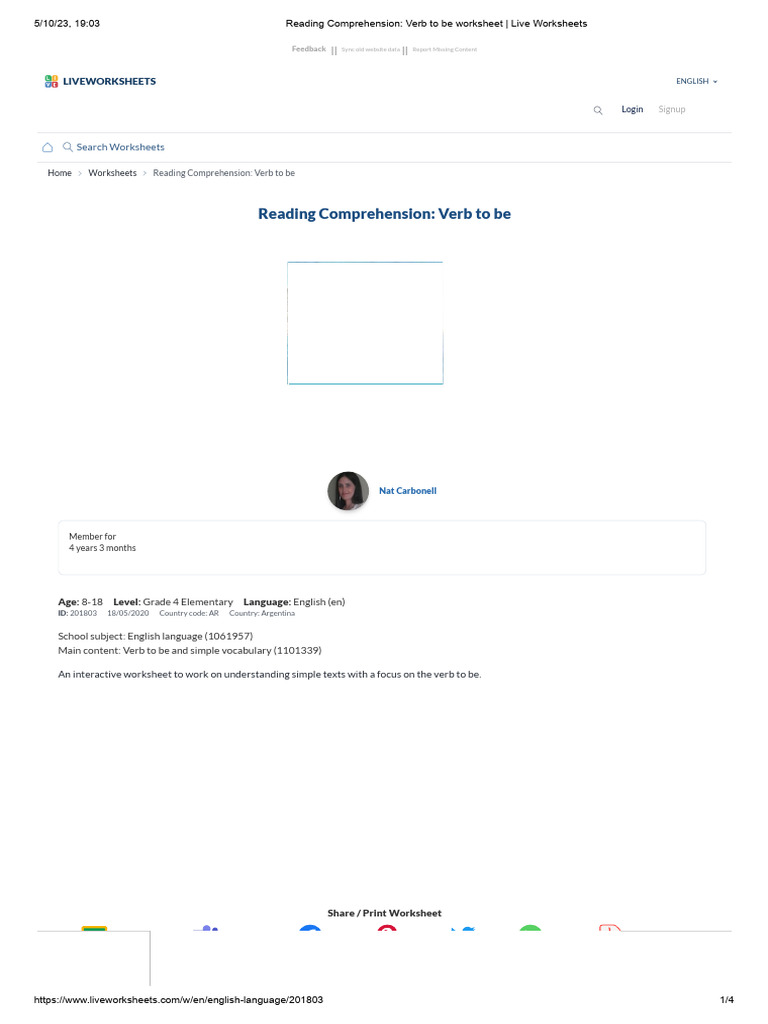 Reading Comprehension - Verb To Be Worksheet - Live Worksheets | PDF ...