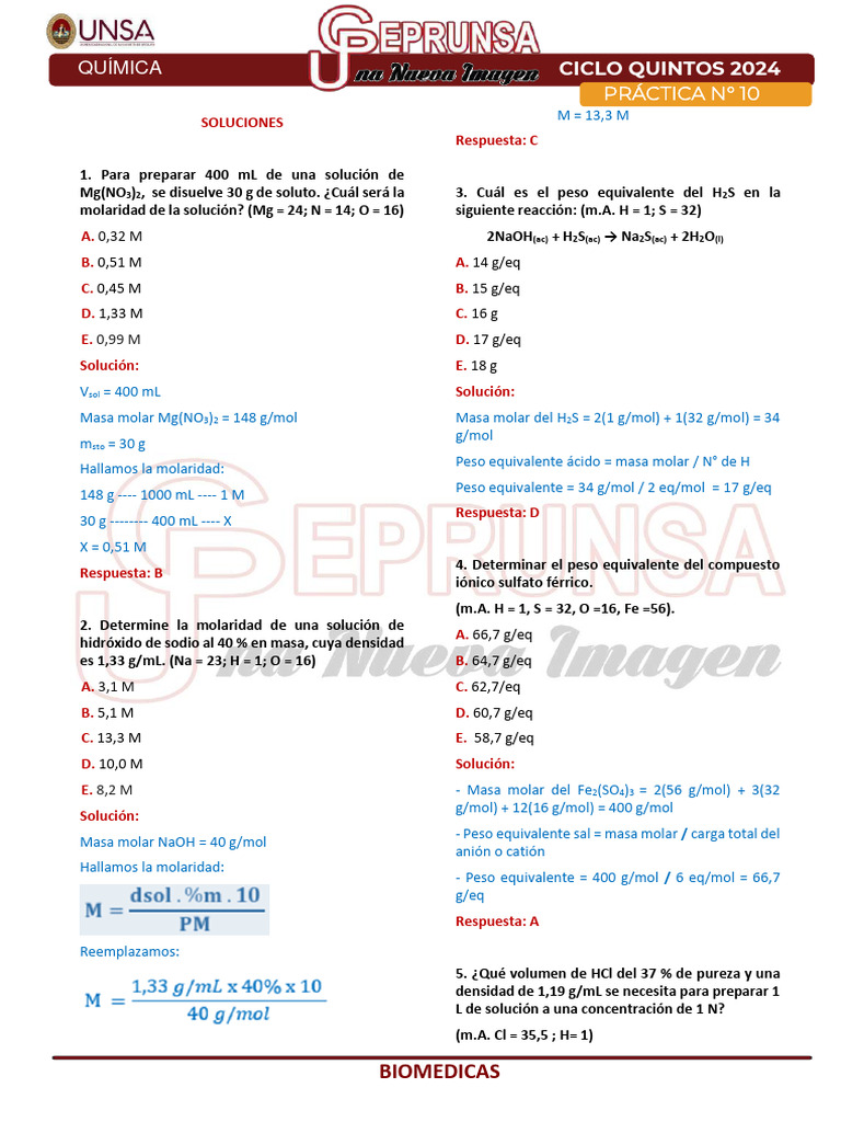 Prácticas 10 - Biomedicas SOLUCIONARIO | PDF | Concentración | Química