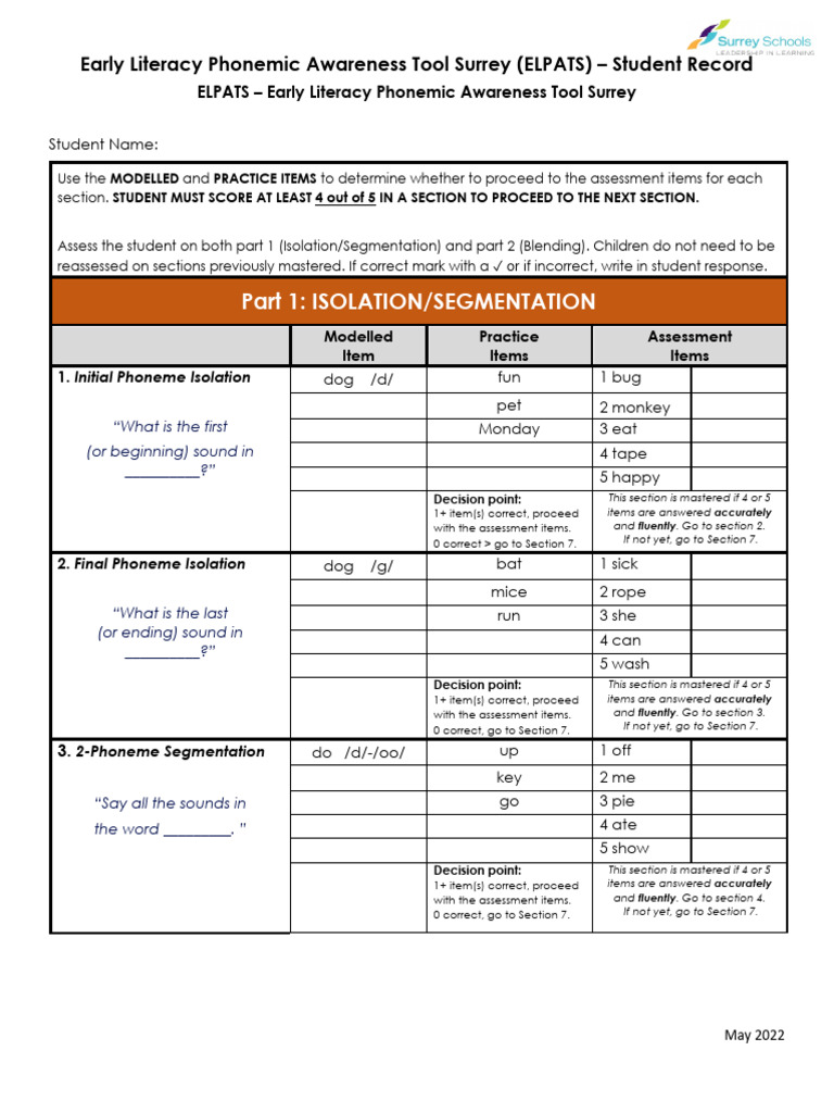 ELPATS Early Literacy Assessment Guide | PDF | Writing | Human Voice