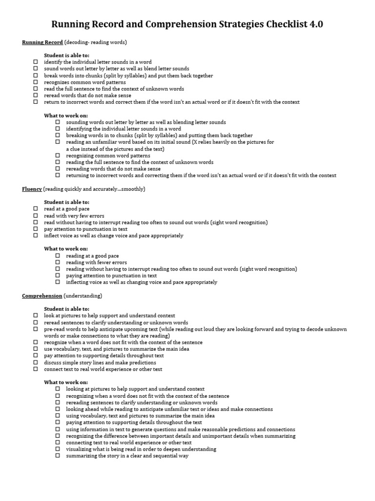 Running Record Checklist 4.0 | PDF | Word | Reading Comprehension