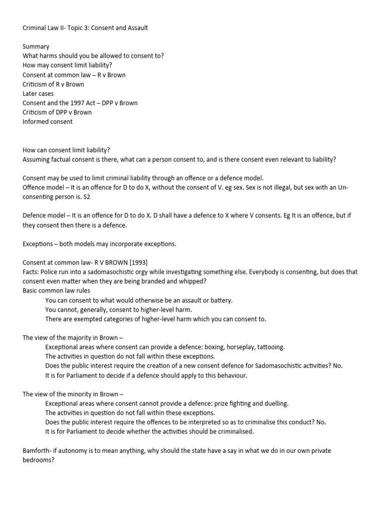 Criminal Law II - Topic 3 Consent and Assault | PDF | Assault | Justice