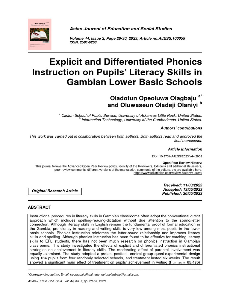 Explicit and Differentiated Phonics Instruction On Pupils' Literacy Skills in Gambian Lower ...