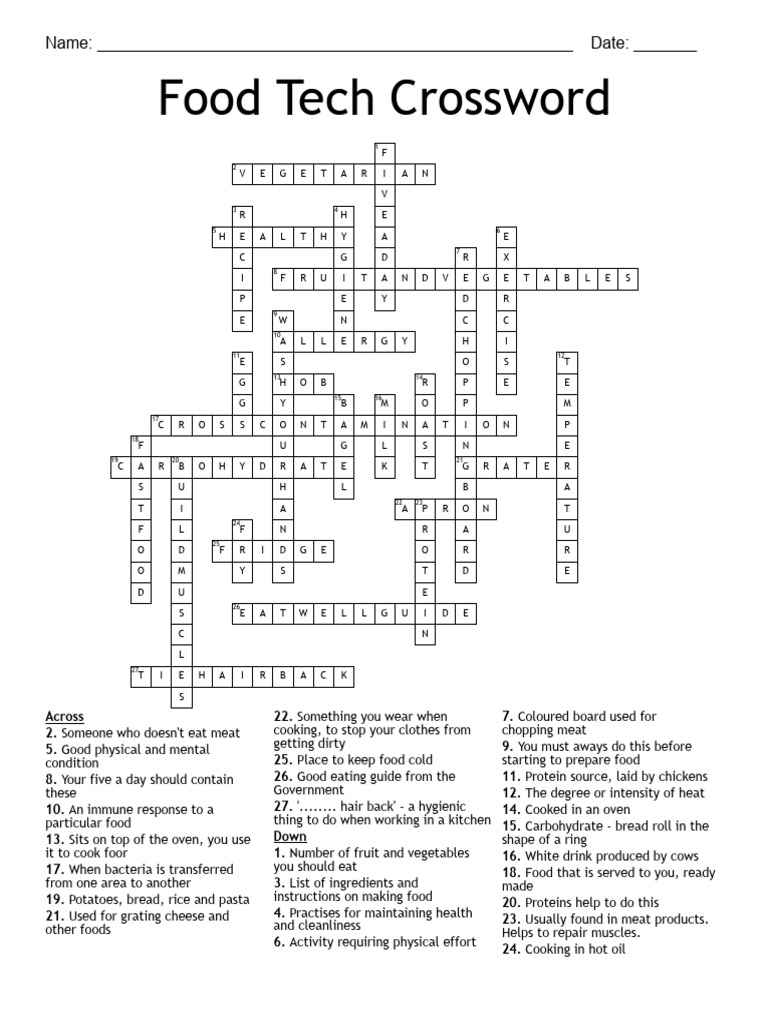 Food Tech Crossword Puzzle Answers | PDF | Meat | Breads