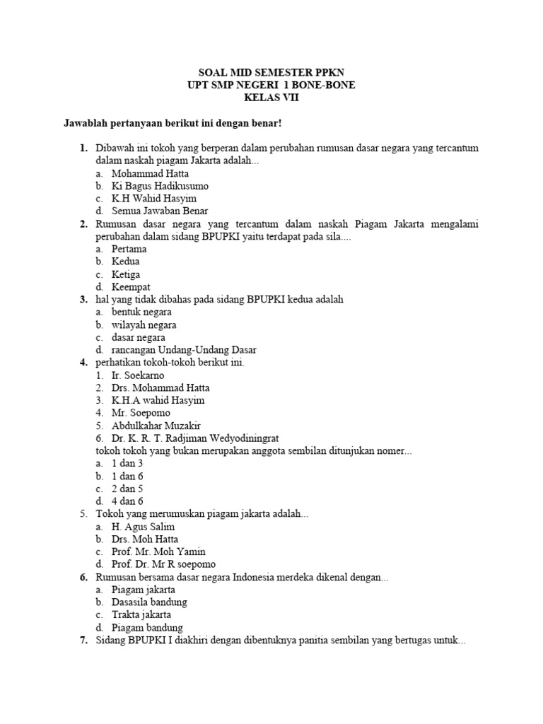 SOAL MID SEMESTER PPKN Kelas 7 Sem 1 | PDF