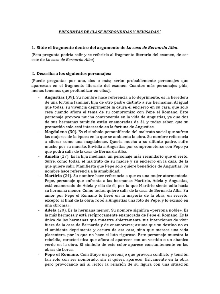 5b. La Casa de Bernarda Alba (Preguntas Cortas) | PDF