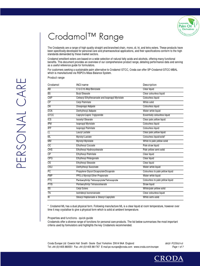 Crodamol 0820PCDS021v3 | PDF | Sunscreen | Cosmetics