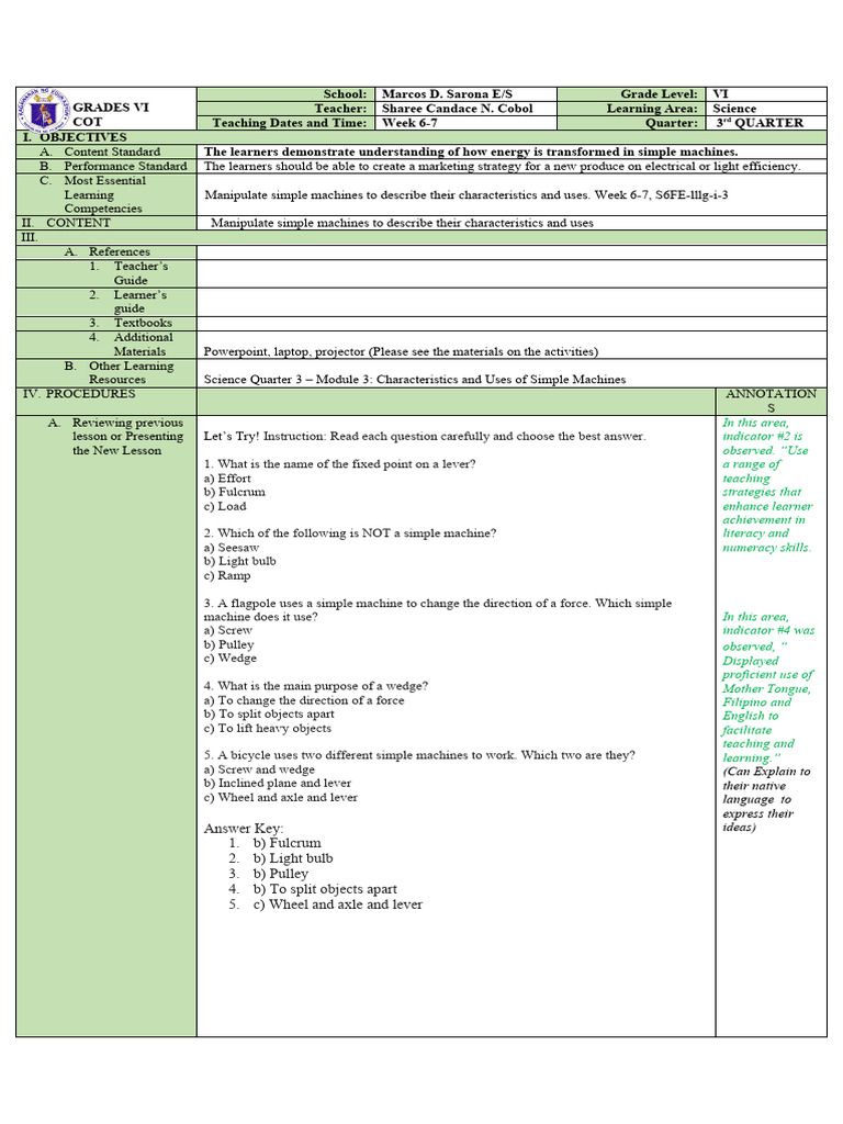 Science Q3 Week 6 - Manipulate Simple Machines To Describe Their Characteristics and Uses | PDF ...