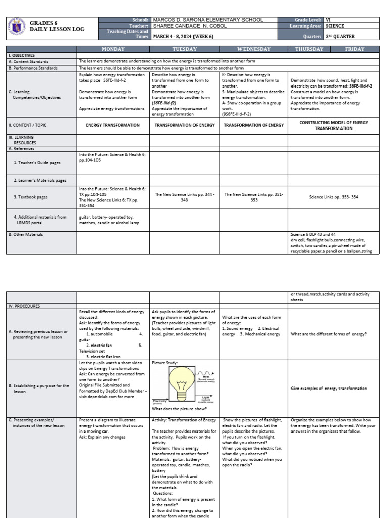 Grade 6 Science: Energy Transformation Lesson | PDF | Differentiated ...