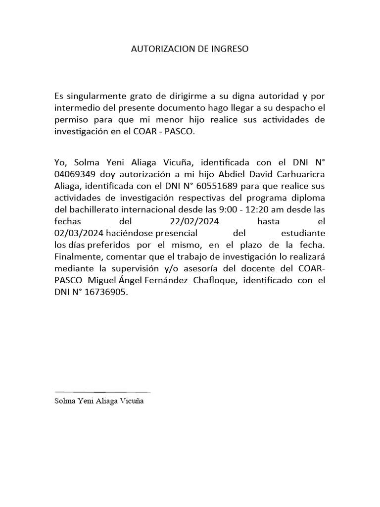 Autorizacion de Ingreso | PDF