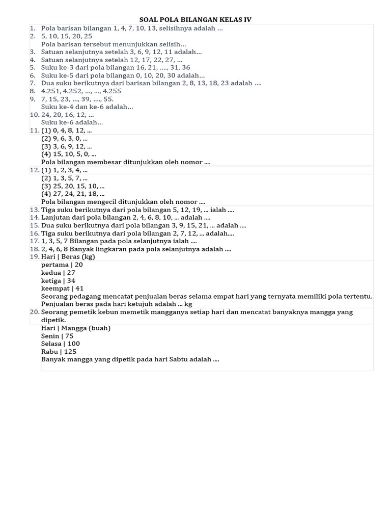 SOAL POLA BILANGAN KELAS IV | PDF