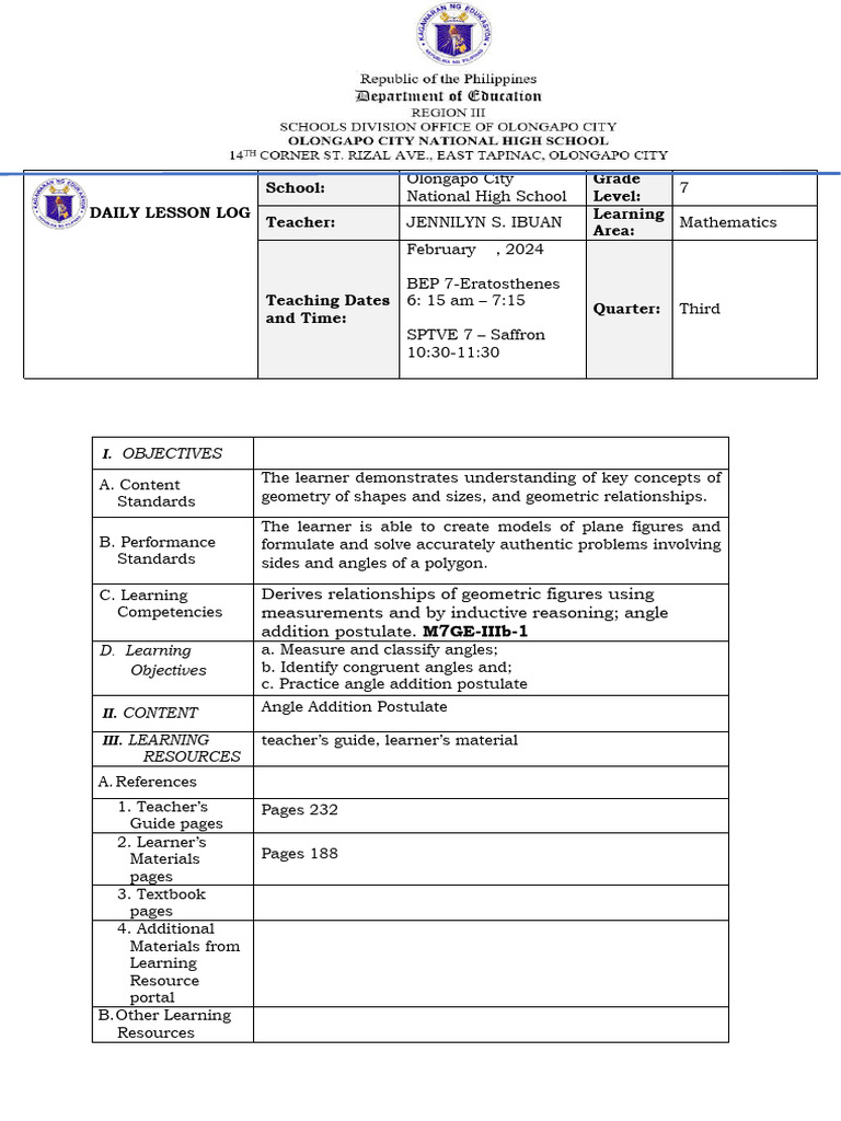 Grade 7 Math Angle Addition Postulate Pdf Shape Geometry 5561