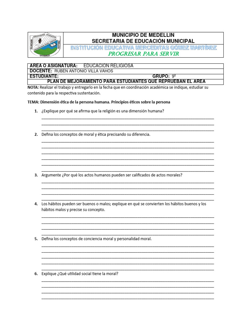 Taller complementario grado 9° final ERE | PDF | Moralidad | Amor