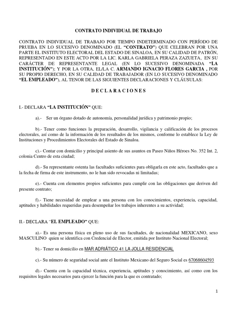 Contrato Individual de Trabajo | Descargar gratis PDF | Salario ...