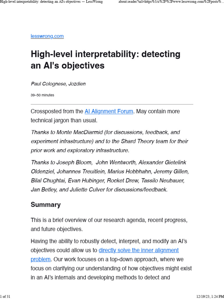 High-Level Interpretability Detecting An AI's Objectives - LessWrong | PDF | Information ...