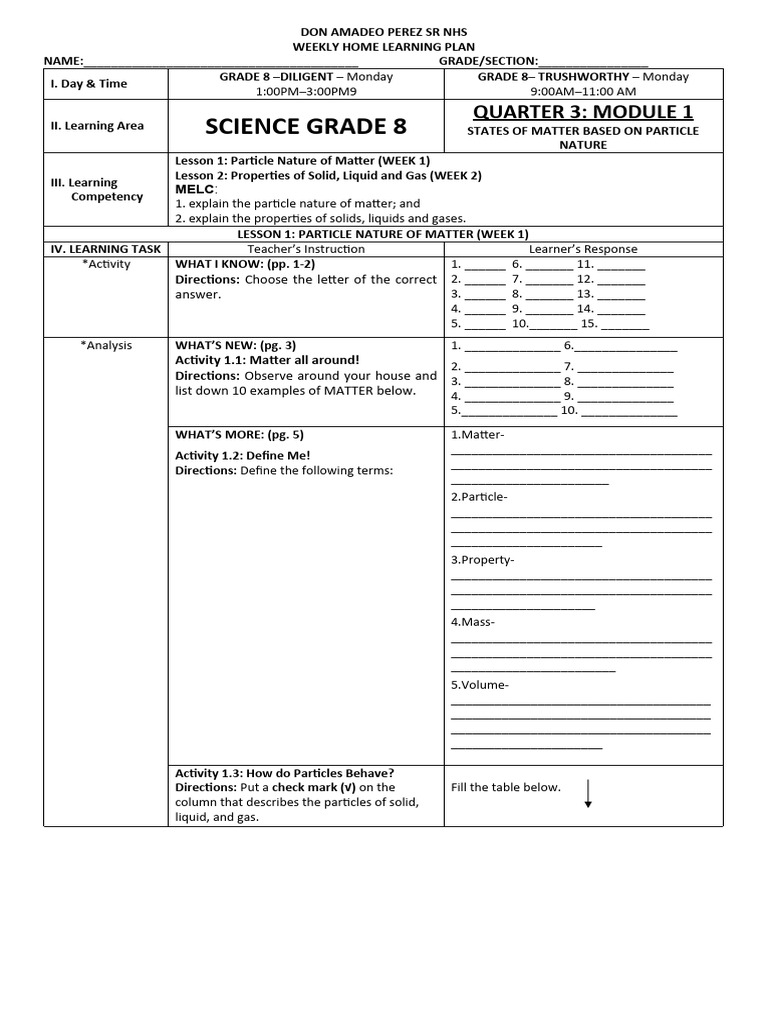WHLP Science 8 Module 1 Week 1-2 | PDF