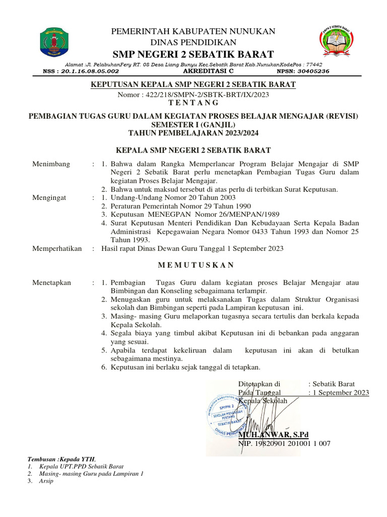 SK Pembagian Tugas 2023-2024 Ganjil - Revisi | PDF