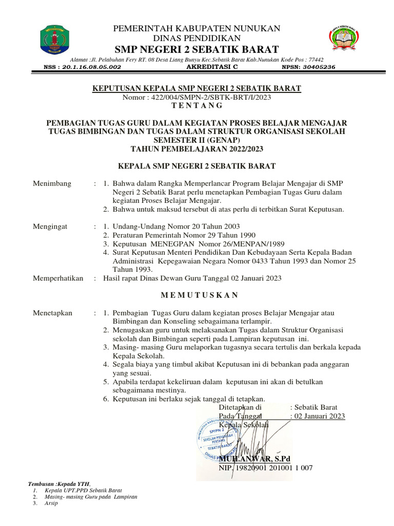 SK Pembagian Tugas 2023 Genap | PDF