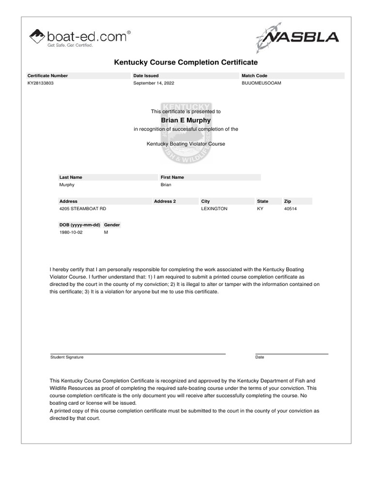Kentucky Boating Course Completion Certificate | PDF