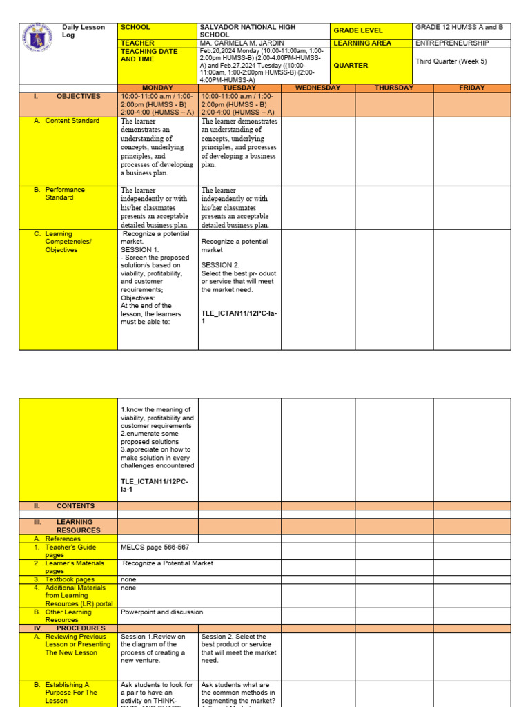 DLL-entrep gr12 Humss - Agri | PDF | Market Segmentation | Learning