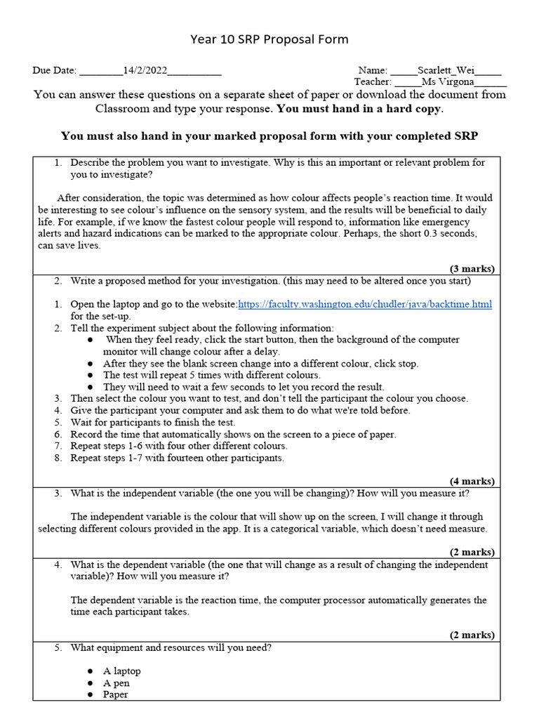 SRP 10 Proposal Form | PDF | Psychological Concepts | Cognitive Psychology