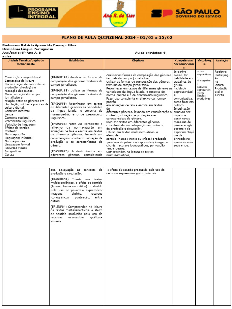 PLANO DE AULA QUINZENAL 2024 - LP 6 ANO A e B 0103 A 1503 | Download grátis PDF | Contexto (uso ...