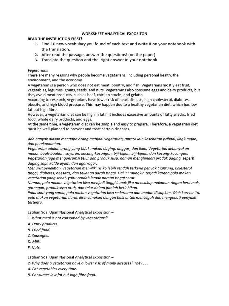 Worksheet Analytical Exposition | PDF | Vegetarianism | Fat