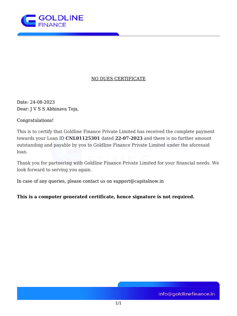 NOC Letter CNL01125301 1356530 1692859087 | PDF | Finance & Money ...